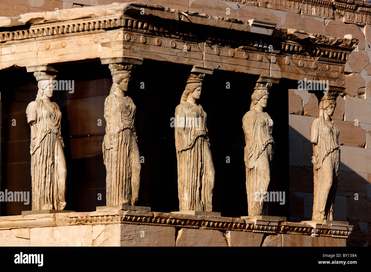 The Caryatids, statues that "served" as columns, at the ancient temple ...