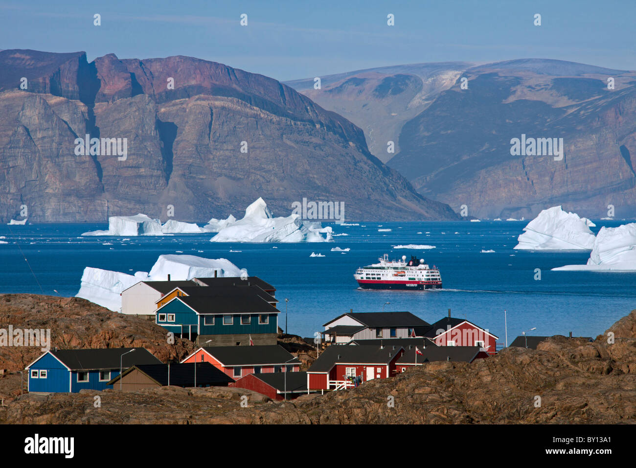 Cruise ship among icebergs in the Uummannaq fjord, North-Greenland ...