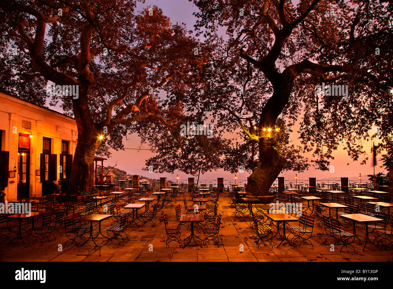 The square of Makrinitsa village, in Pelion mountain, Greece, around ...