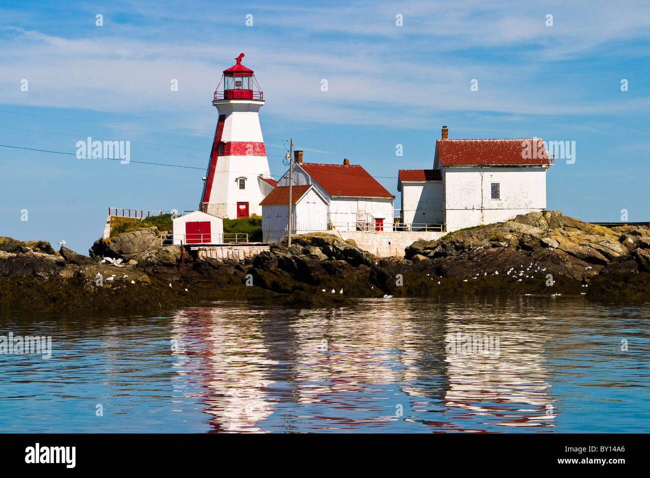 East Quoddy Head lighthouse photographed from a boat offshore ...