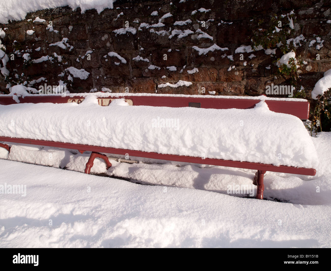Snow covered seat at Goathland Station after record snow fall of 24 ...