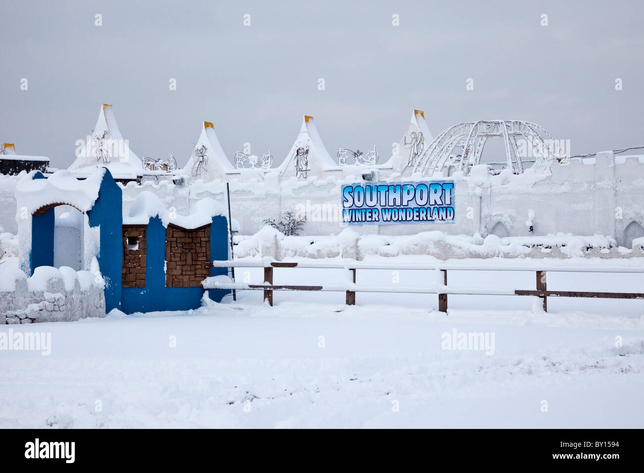 Landscape of Southport Pleasureland structures covered in snow; Heavy ...