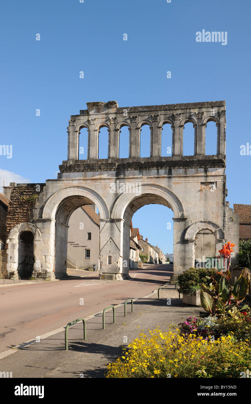 Ancient historic Roman gate or Port d’Arroux at the north side of Autun ...