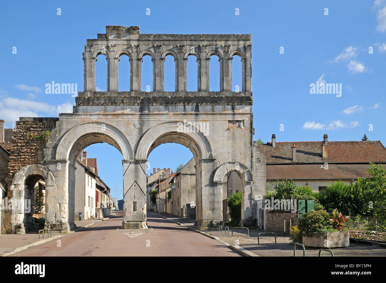 Ancient historic Roman gate or Port d’Arroux at the north side of Autun ...