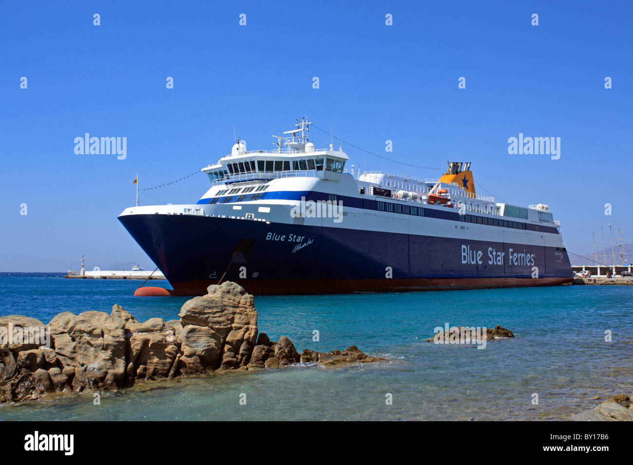 Blue Star Ferry Mykonos Harbour Aegean Sea Cyclades Greece Europe Stock ...