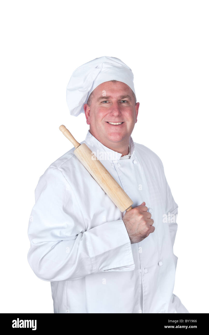 A chef posing with a rolling pin, isolated on white Stock Photo - Alamy