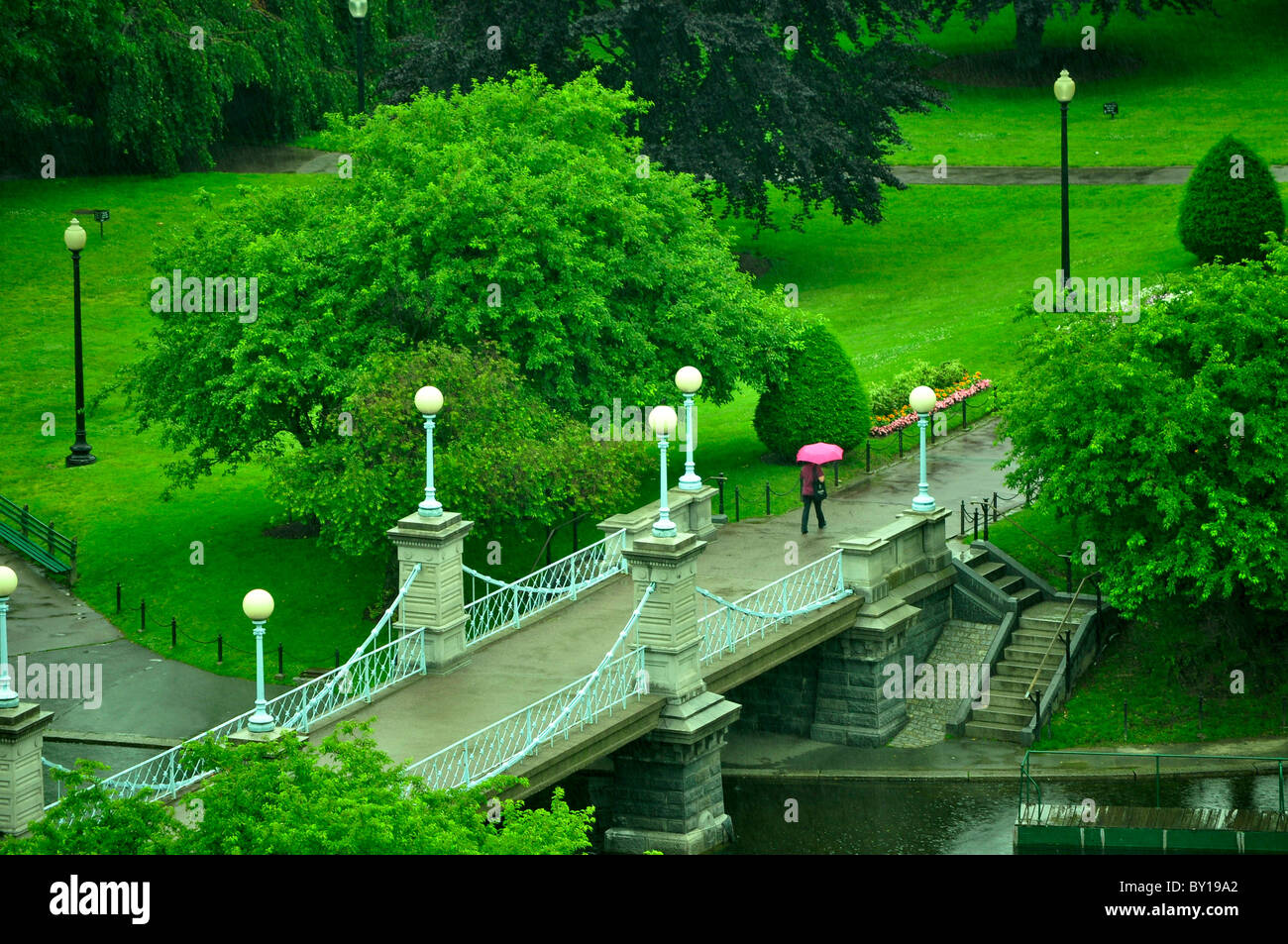 Woman walking alone under rain on Lagoon Bridge in Boston public garden ...
