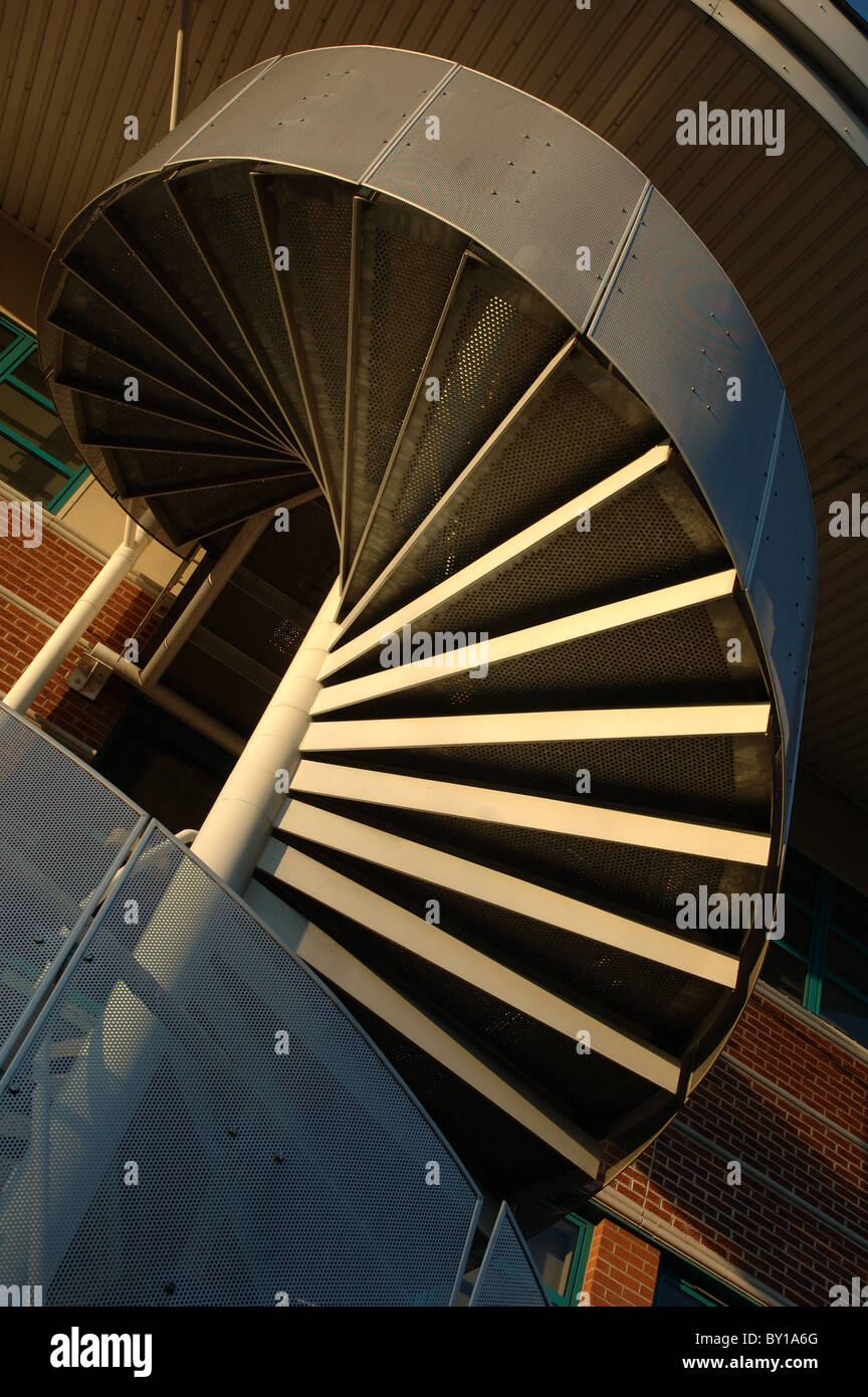 spiral fire escape on modern office building, Leicester, England, UK ...