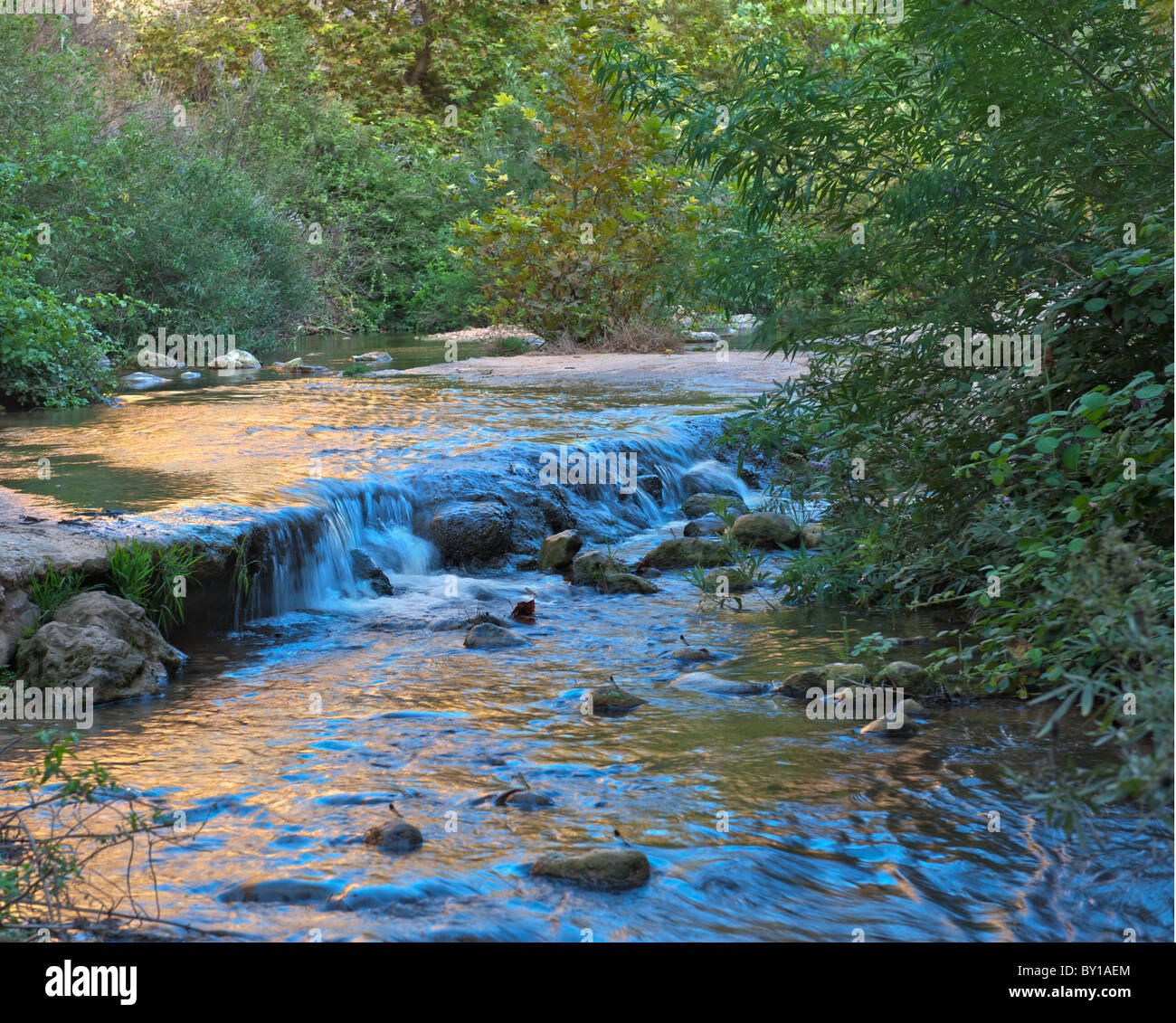 Stream with rocks in motion blur at Kziv river in the Galilee northern ...