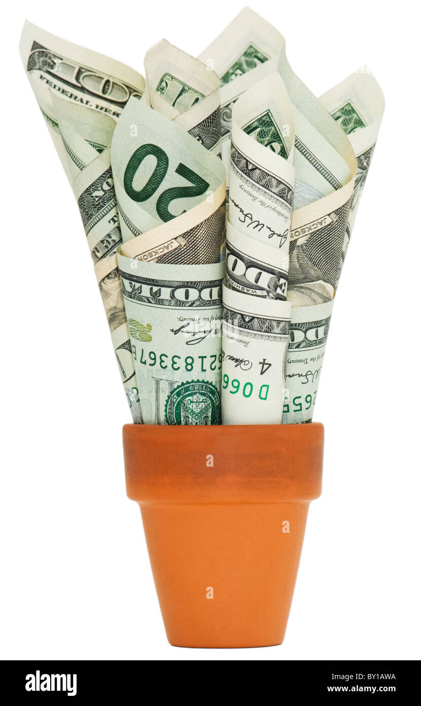 Rolled up American money stuffed into a terracotta pot Stock Photo - Alamy