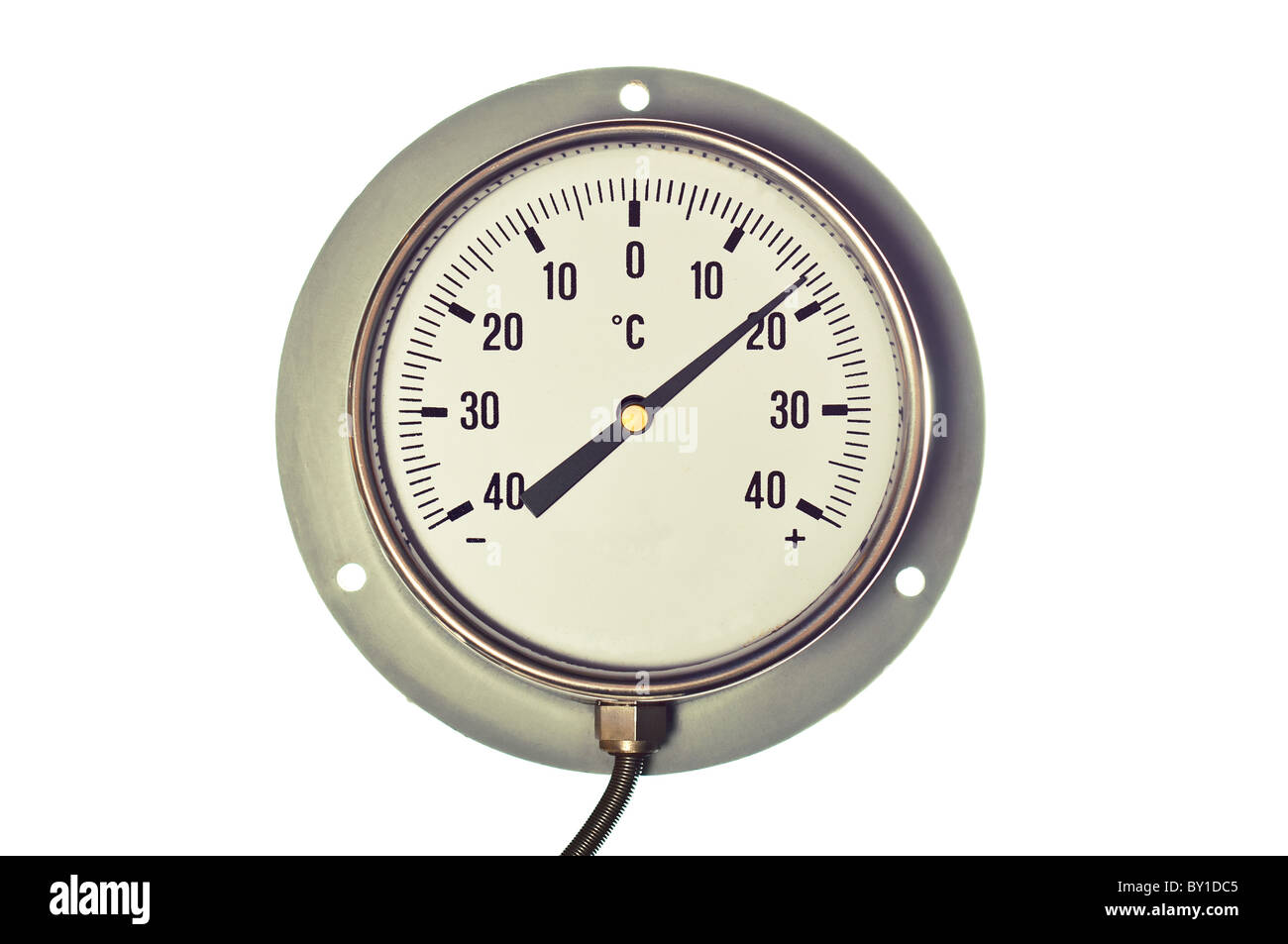 Silver and white, round, industrial celsius thermometer isolated on a ...