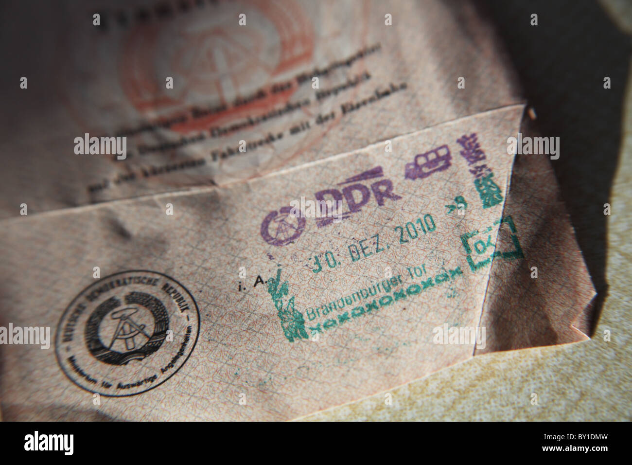 Fake border stamps in a passport; Checkpoint Charlie/DDR, Berlin at the ...