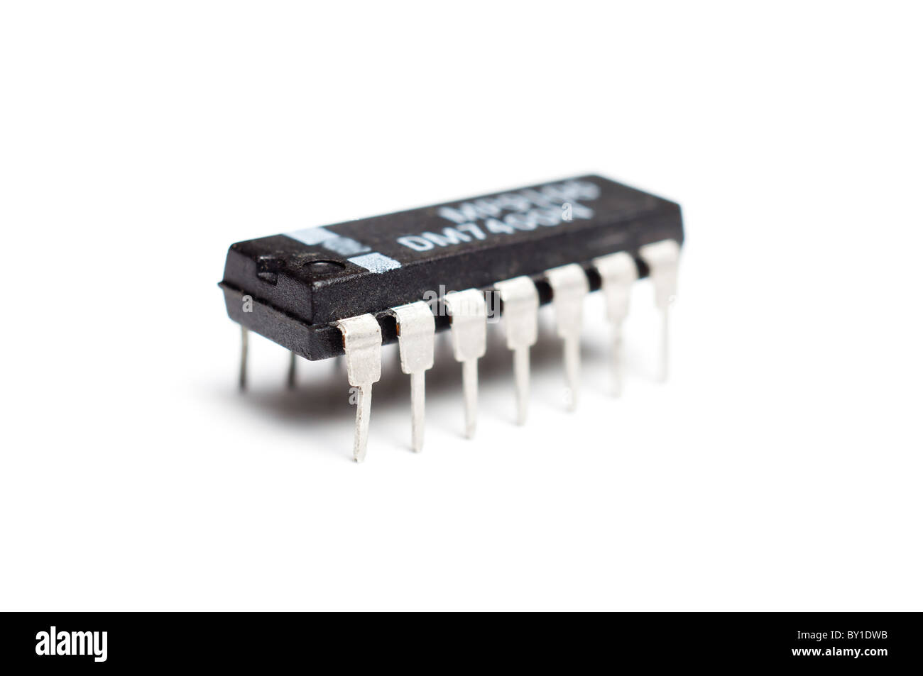Closeup photograph of an single electronic integrated circuit chip on a ...
