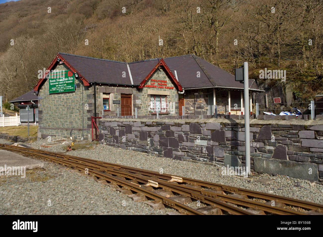 Llyn Padarn lake railway station, Llanberis Stock Photo - Alamy