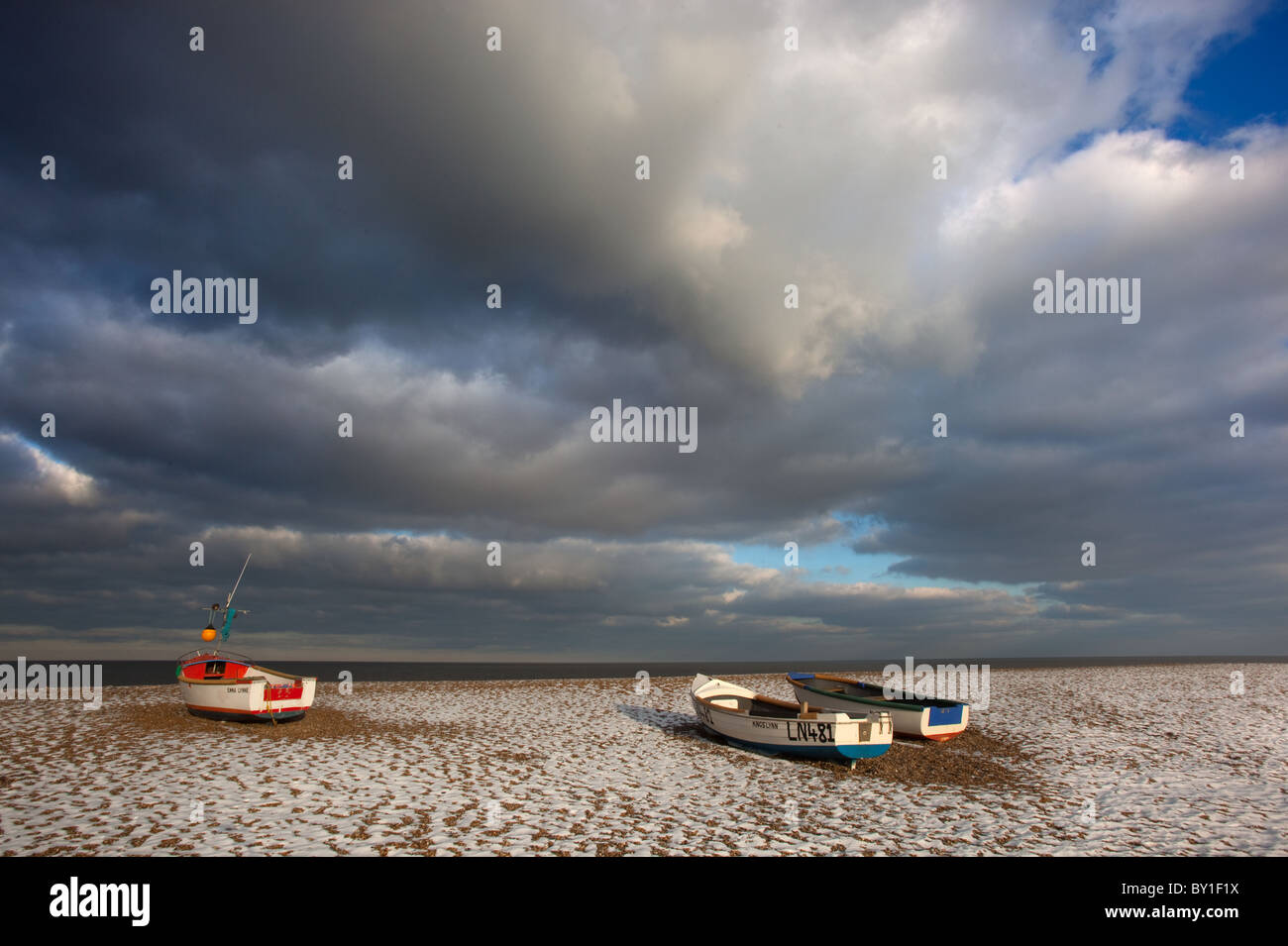 Crab boats on Cley Beach in Winter north Norfolk coast UK Stock Photo ...
