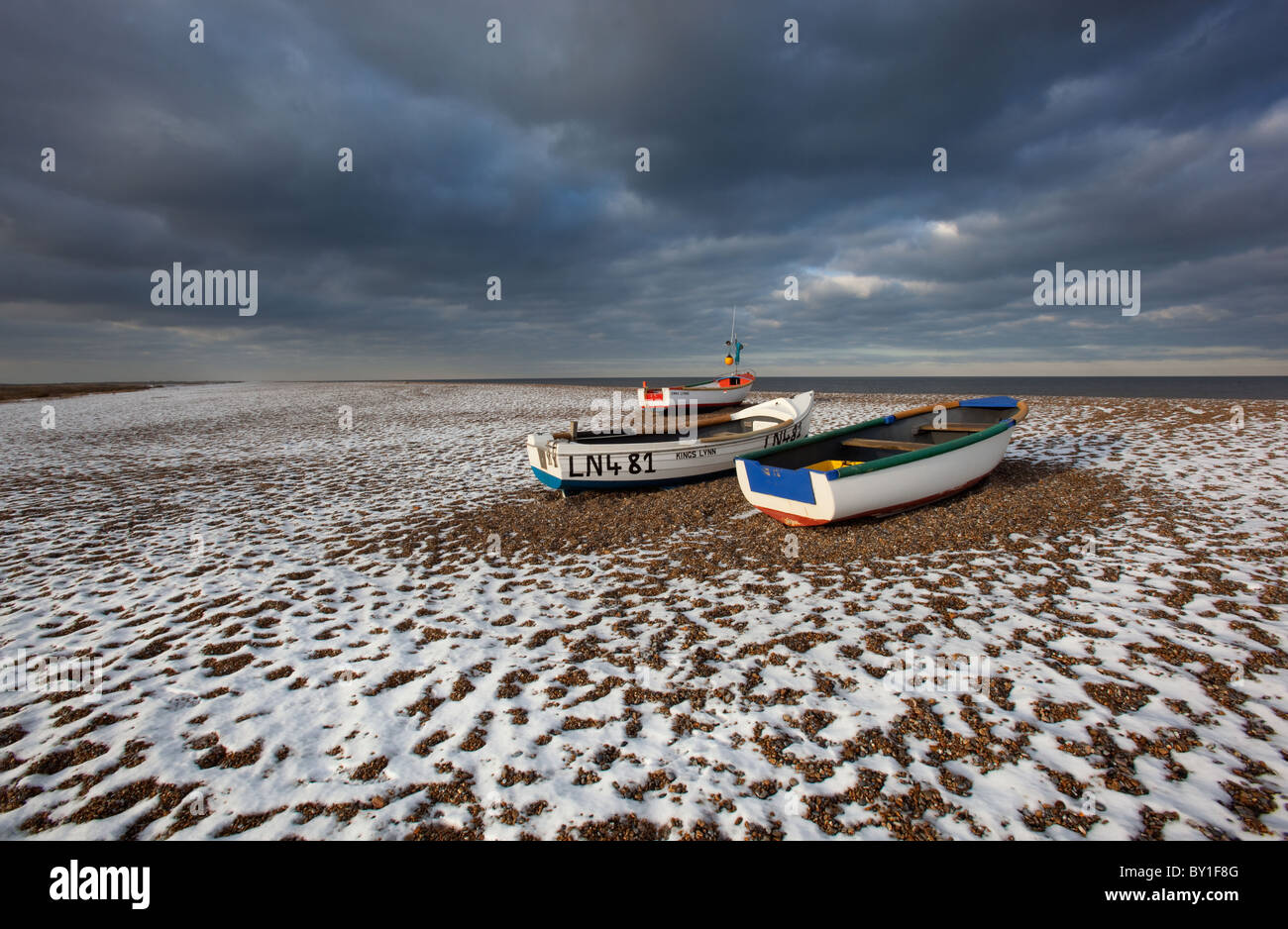 Crab boats on Cley Beach in Winter north Norfolk coast UK Stock Photo ...