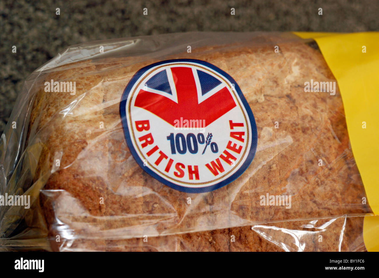 sliced bread loaf with the made from 100% British wheat sign Stock ...