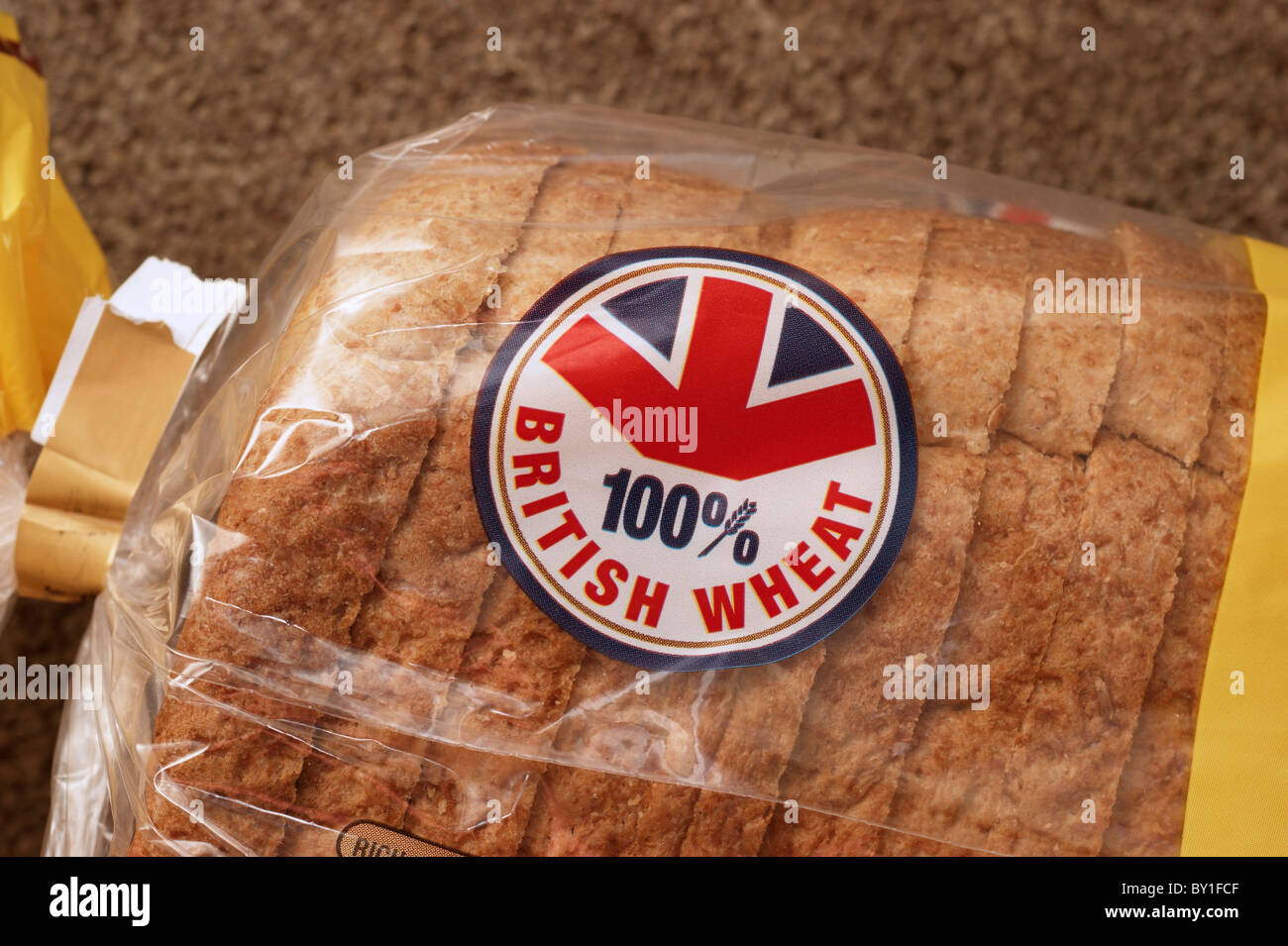 sliced bread loaf with the made from 100% British wheat sign Stock ...