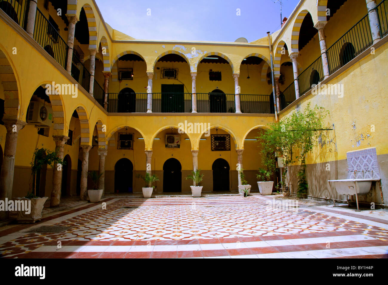 Tripoli, Libya; The interior of an old 'funduq' (hotel) in the old ...