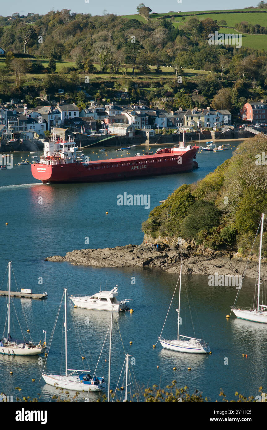 Dutch cargo ship Dinteldjik sailing into in Fowey harbour. Cornwall ...