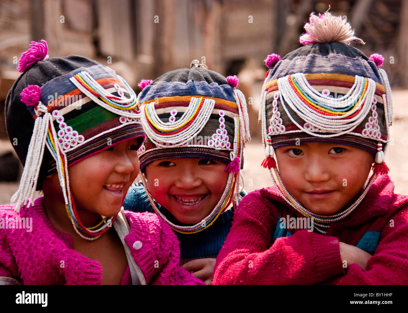 Myanmar, Burma, Kengtung (Kyaing Tong). Young Akha tribal children ...