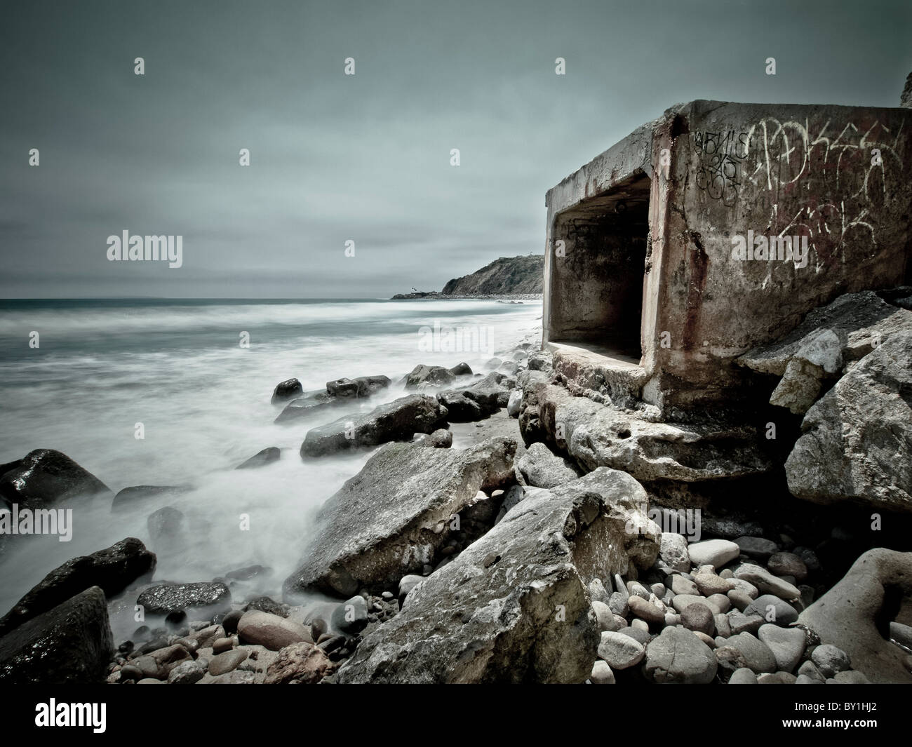 Old structures at Malibu beach, California Stock Photo - Alamy