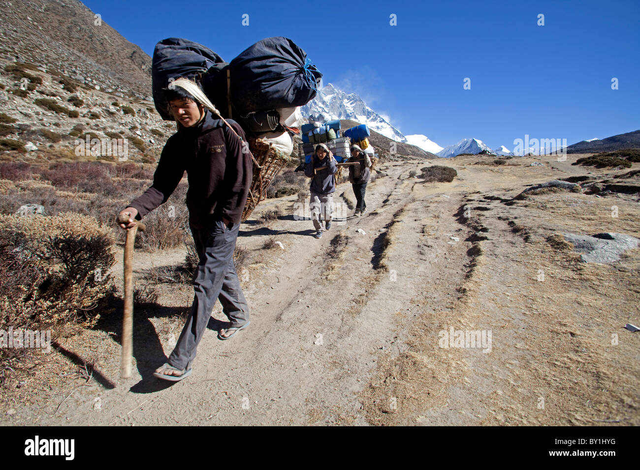 Nepal, Everest Region, Khumbu Valley. Heavily laden Nepalese porters on ...