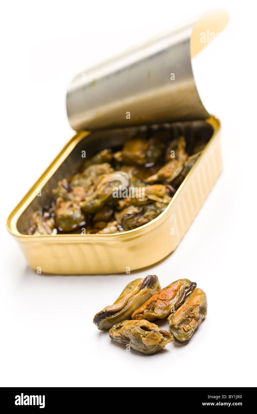 the smoked mussels in opened tin can Stock Photo - Alamy
