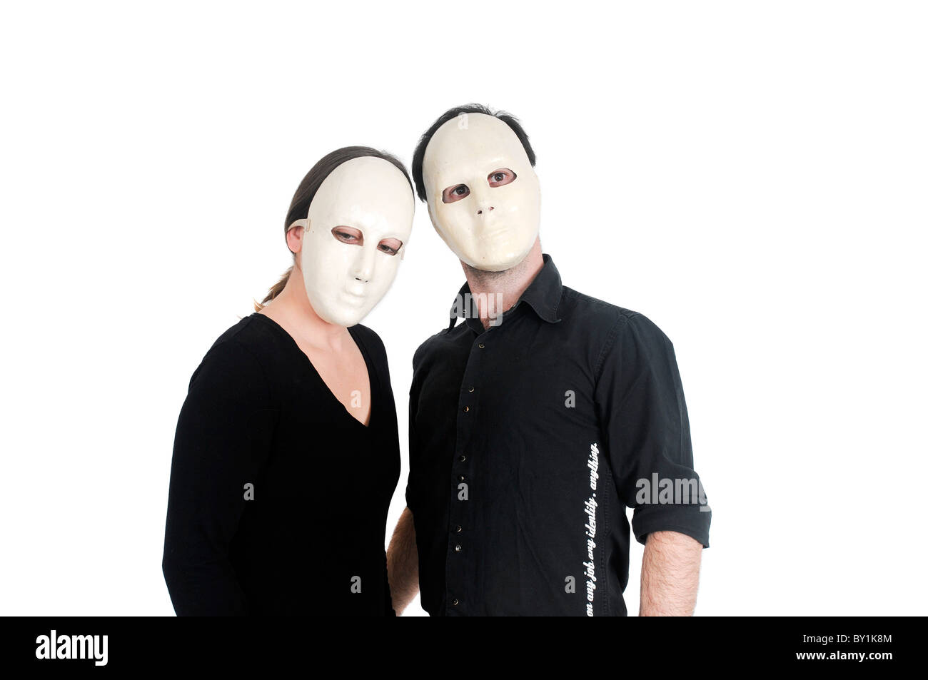Masked actors in a physical theatre on white background Stock Photo - Alamy