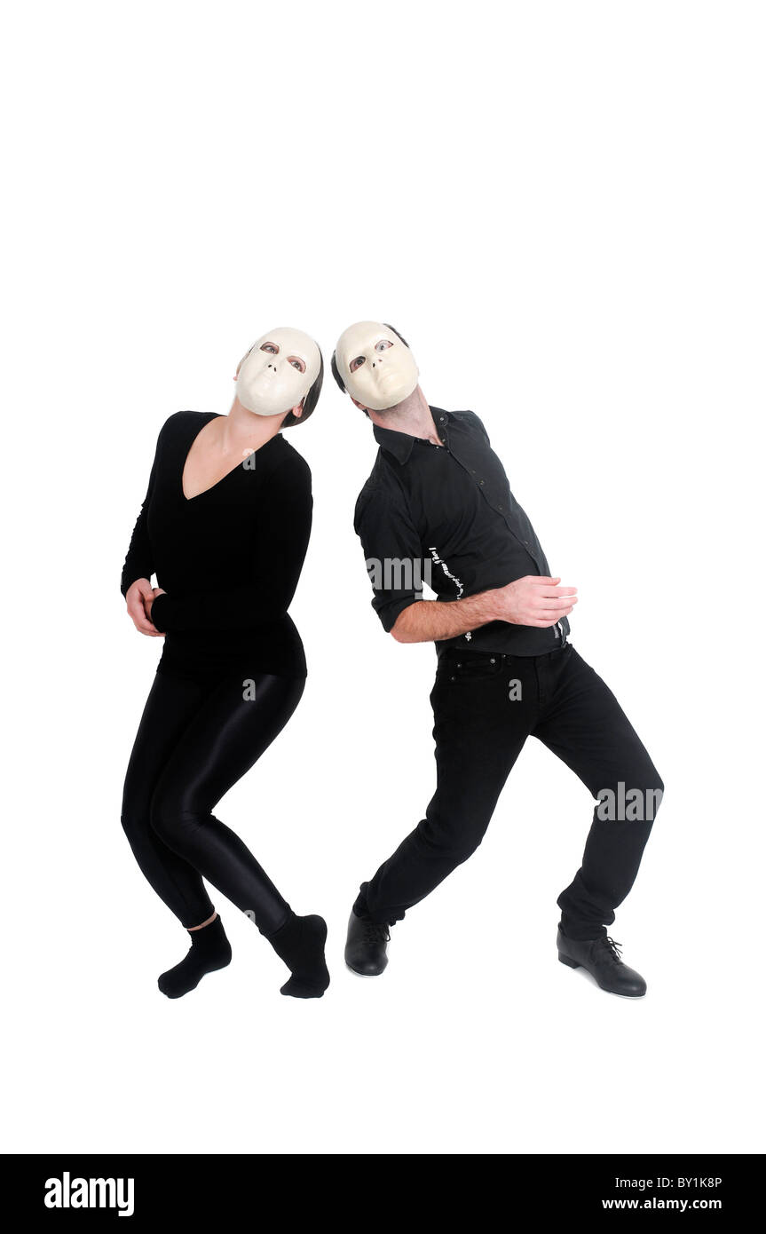Masked actors in a physical theatre on white background Stock Photo - Alamy