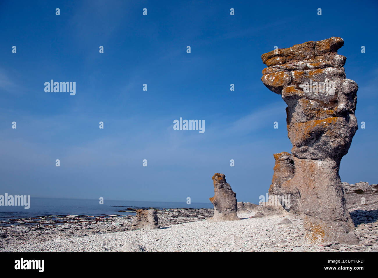 Sweden, Island of Gotland, Fårö. Limestone rock formations called Rauks ...