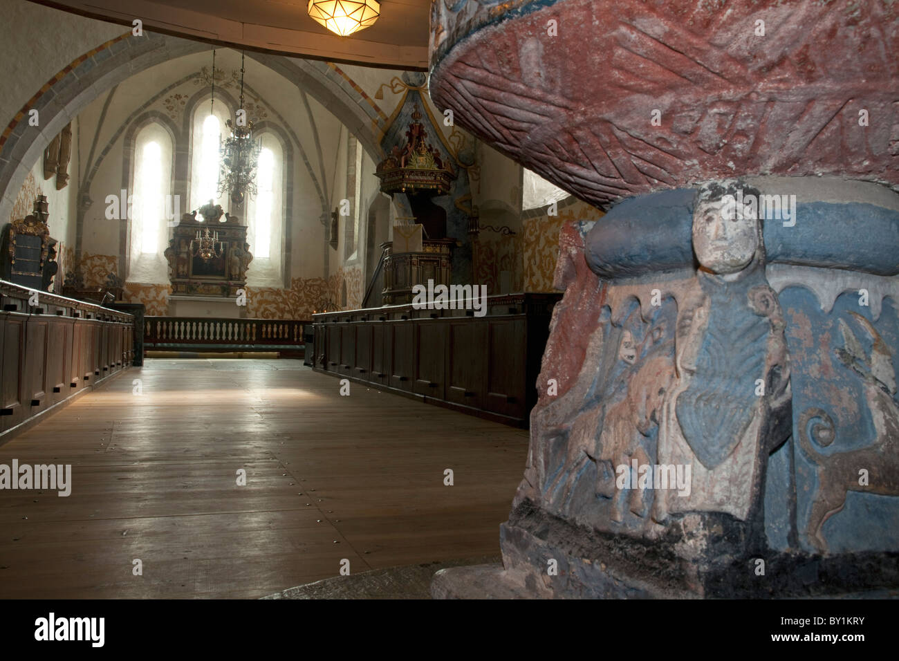 Sweden, Island of Gotland. Highly decorated medieval fonts in a Gotland ...