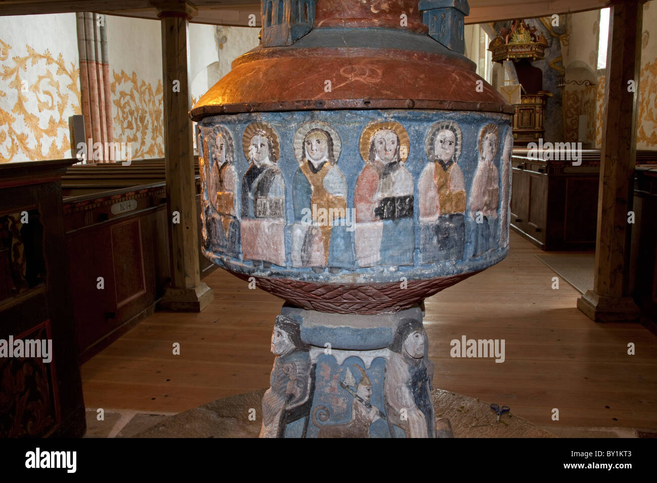 Sweden, Island of Gotland. Highly decorated medieval fonts in a Gotland ...