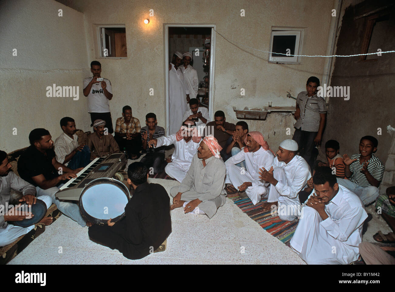 Bedouin musicians play at traditional wedding celebration. El Tur ...