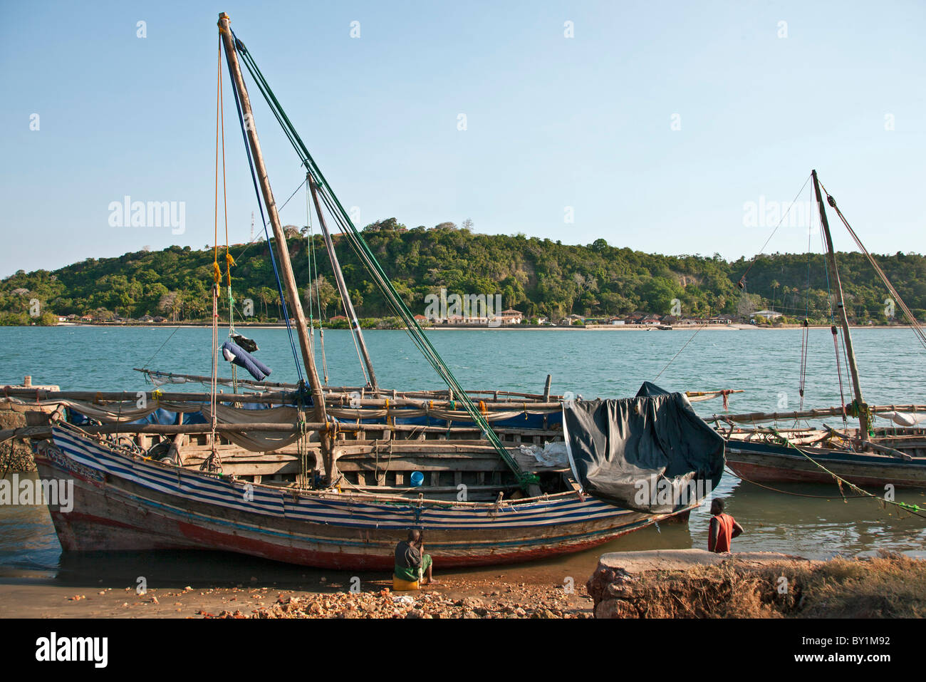 Traditional wooden dhows anchored at the mouth of the Pangani River ...