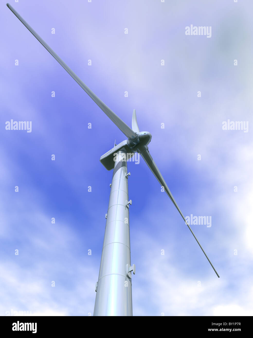 3D rendered Wind Turbine propellers against summer blue sky with clouds ...