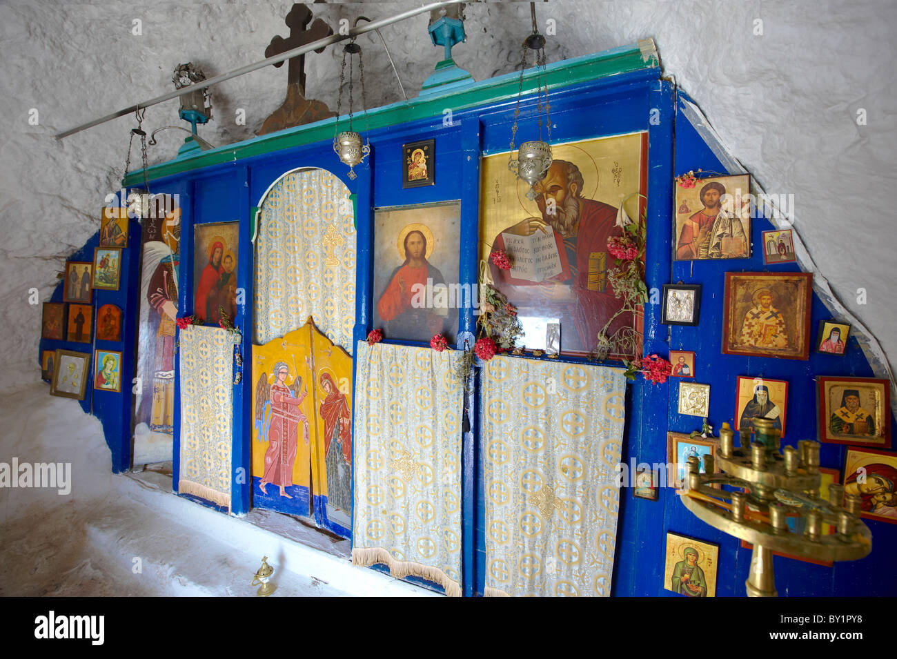 Interior of the Hill top Orthodox cave church above Naxos Thira, Naxos ...