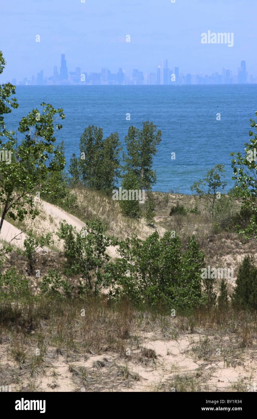 Chicago skyline Lake Michigan Indiana Dunes national lakeshore Stock ...