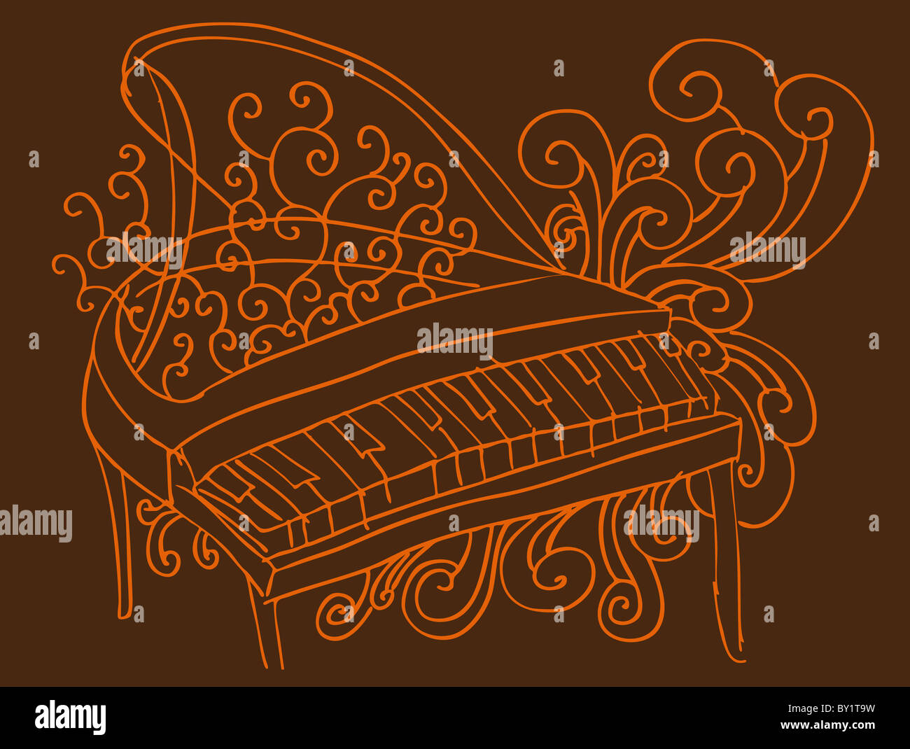 A hand drawn sketch of a piano with swirl background Stock Photo - Alamy