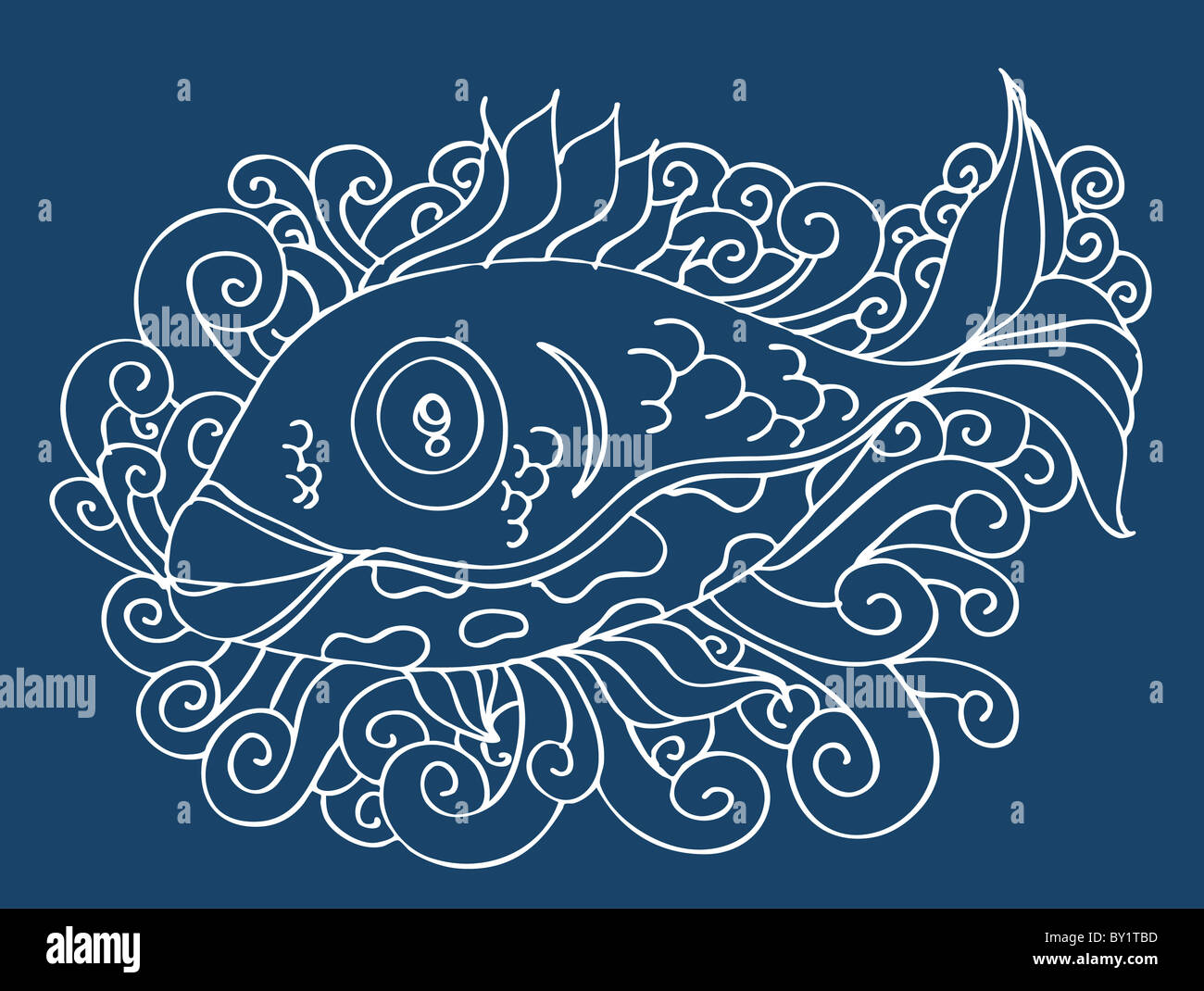 A hand drawn sketch of a fish with swirl background Stock Photo - Alamy