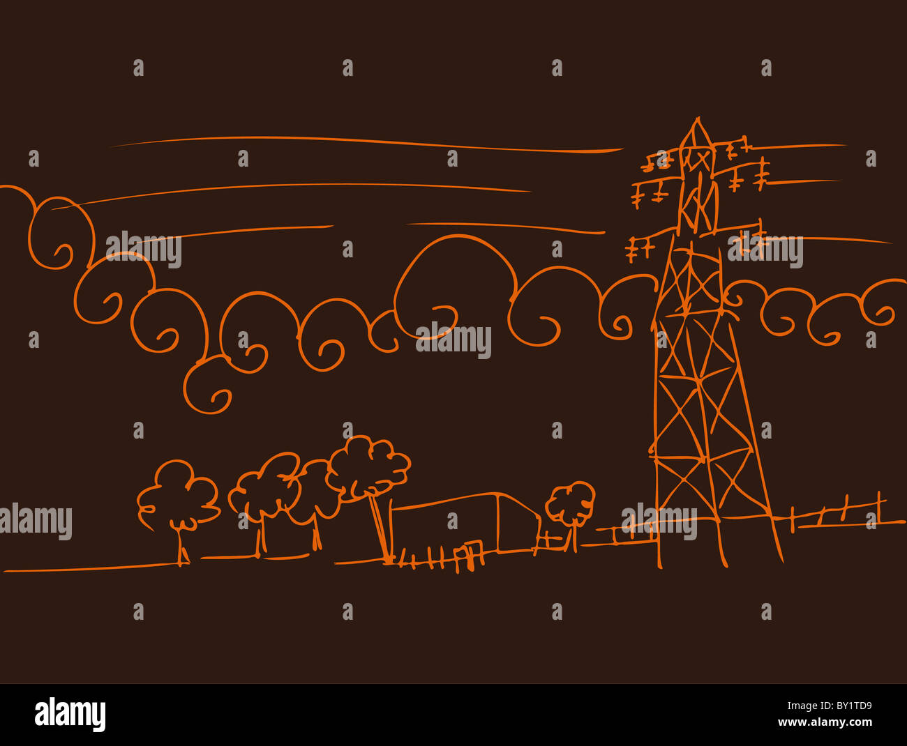 A hand drawn sketch of a powerline landscape Stock Photo - Alamy