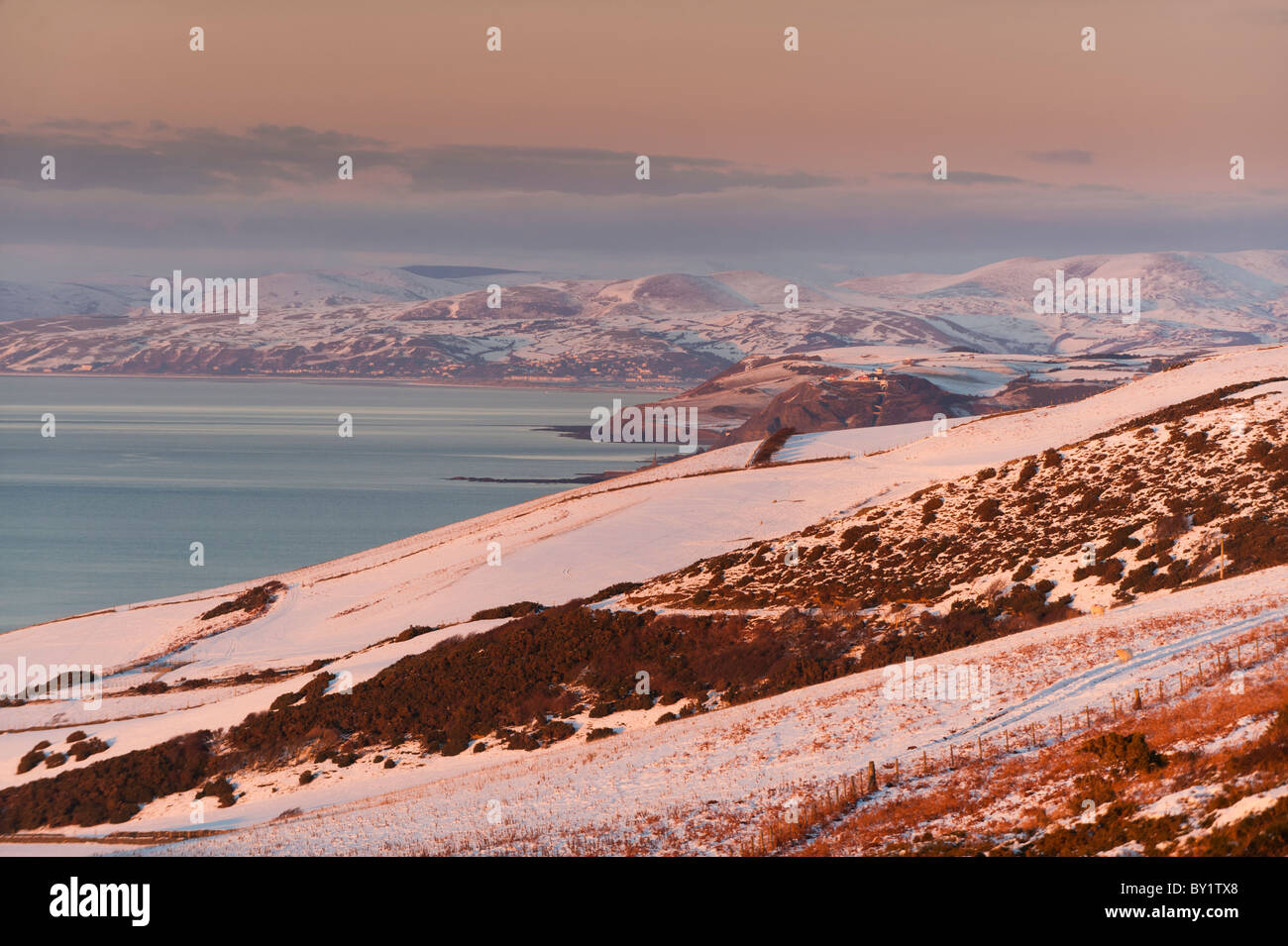 Looking towards Aberystwyth and Aberdyfi Wales UK, in the snow ...