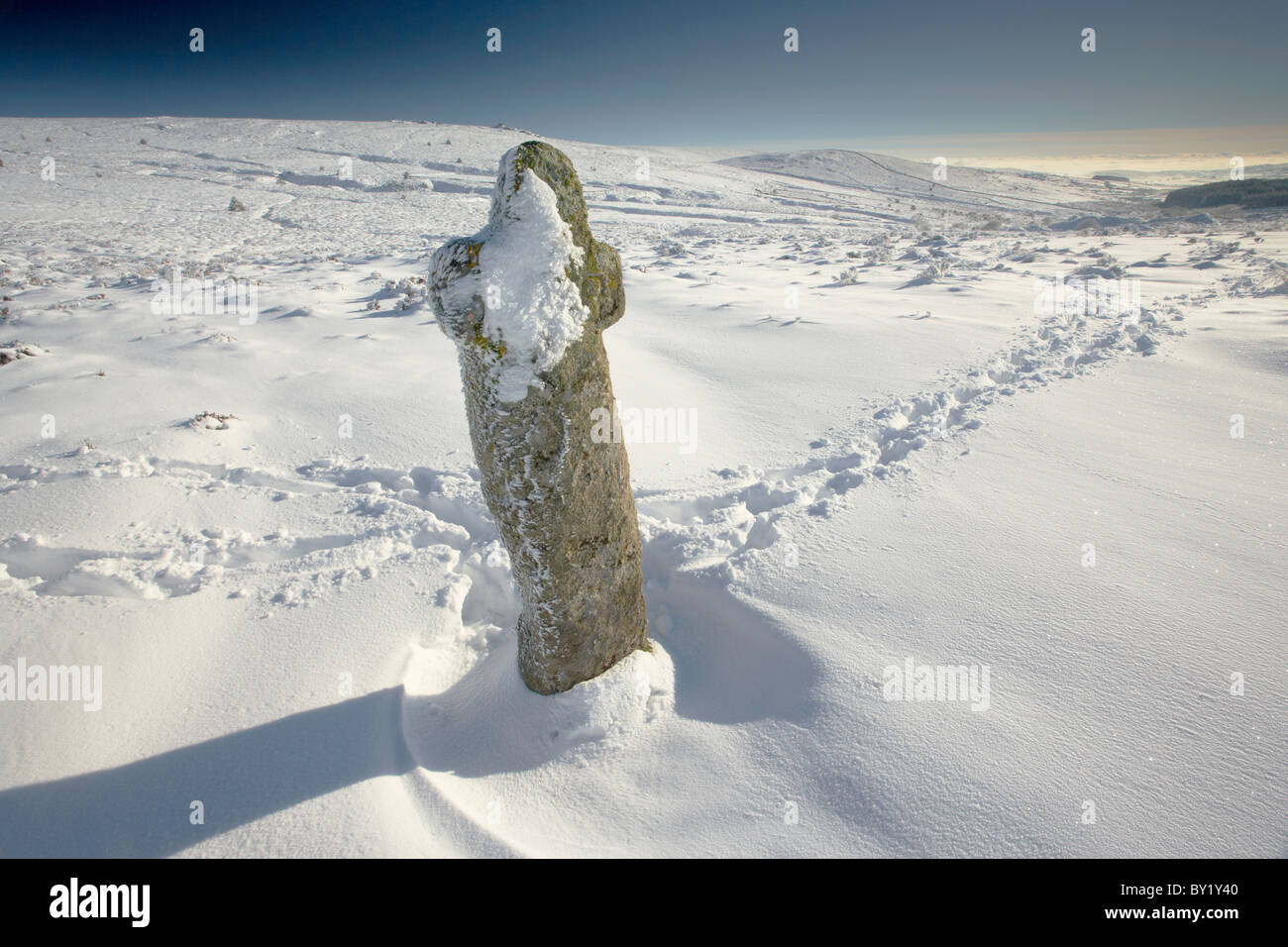 Bennetts cross amongst heavy deep snow in Winter Dartmoor Devon UK ...