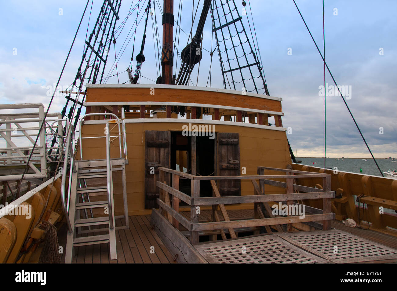 On board the replica of the Mayflower ,the Pilgrim Father's ship moored ...