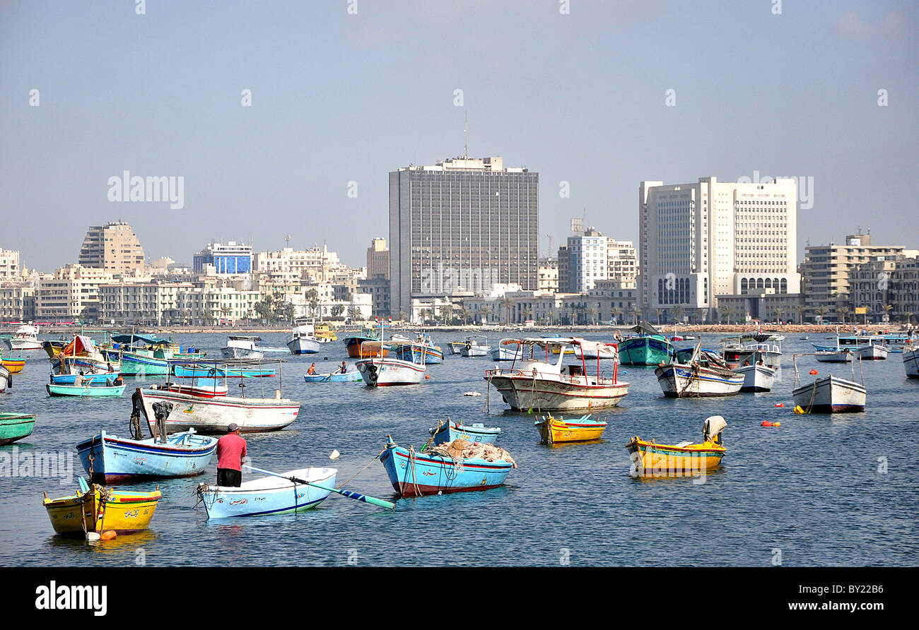Brightly painted fishing boats in Alexandria Harbor - Alexandria, Egypt ...