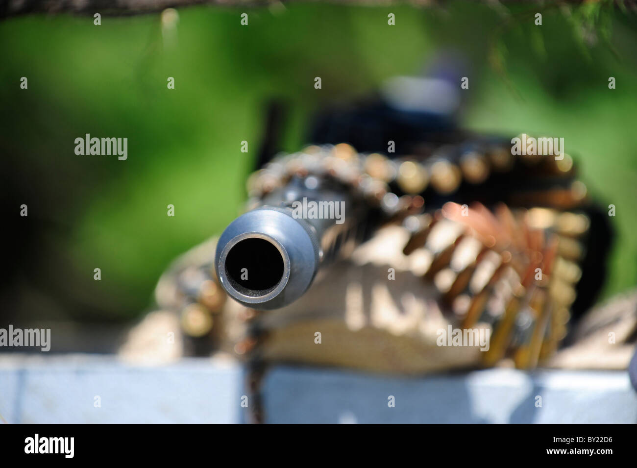 The muzzle of a German machine gun during a D-Day re-enactment at Lepe ...