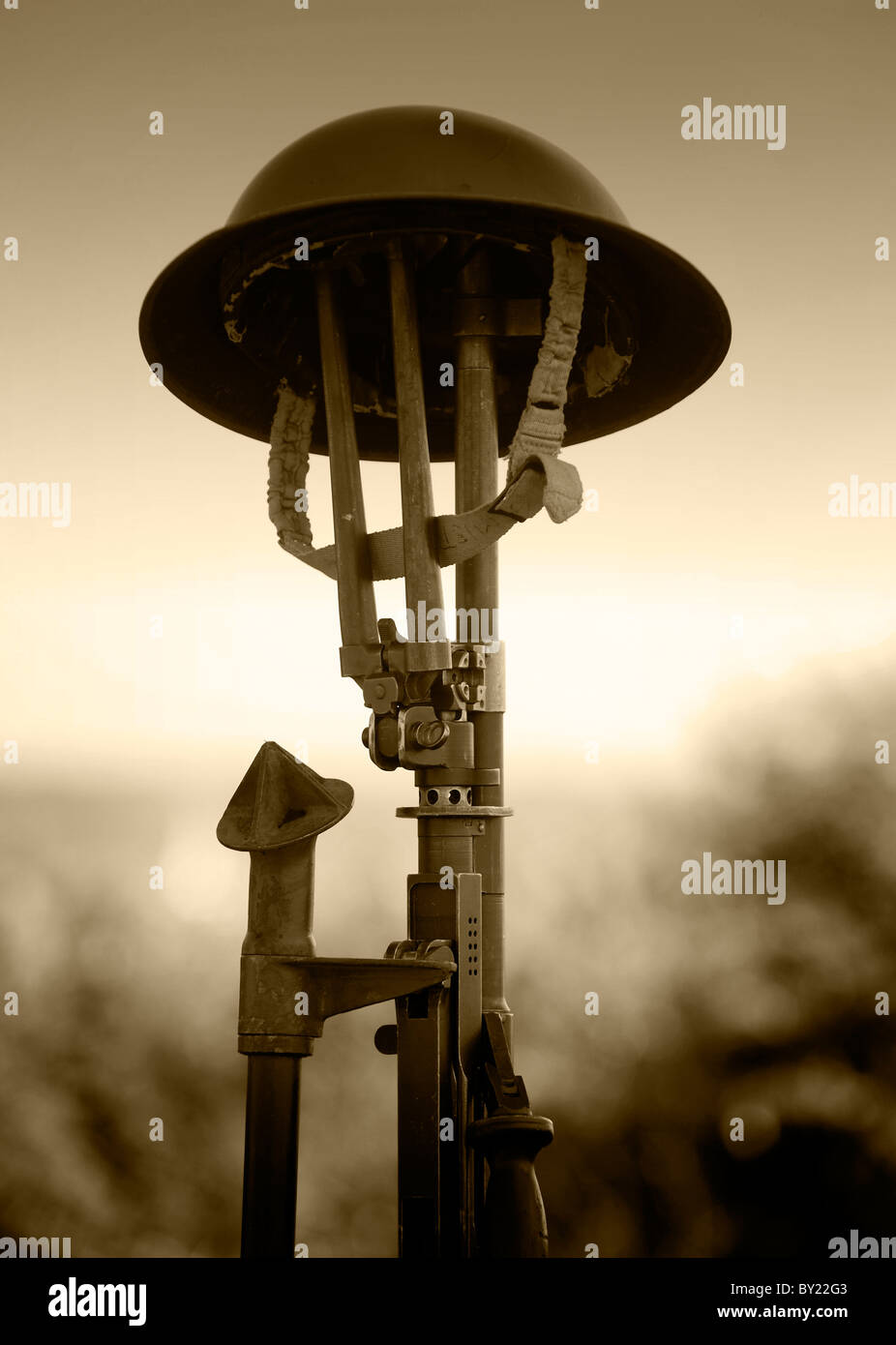 A British Army helmet mounted on a machine gun during a D-Day re ...