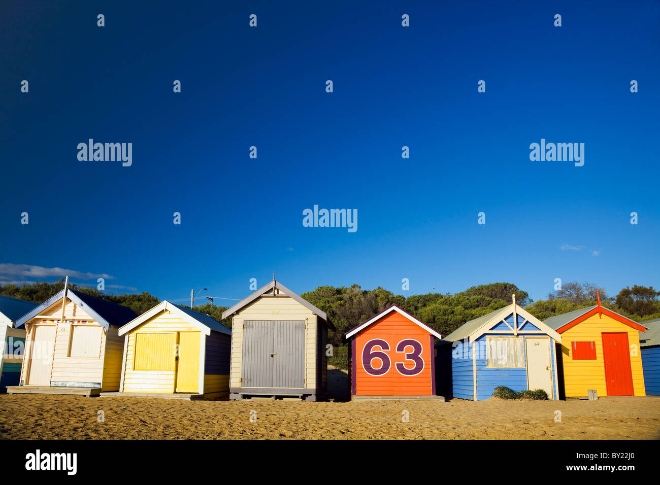 Australia, Victoria, Melbourne. Colourful beach huts at Brighton Beach ...