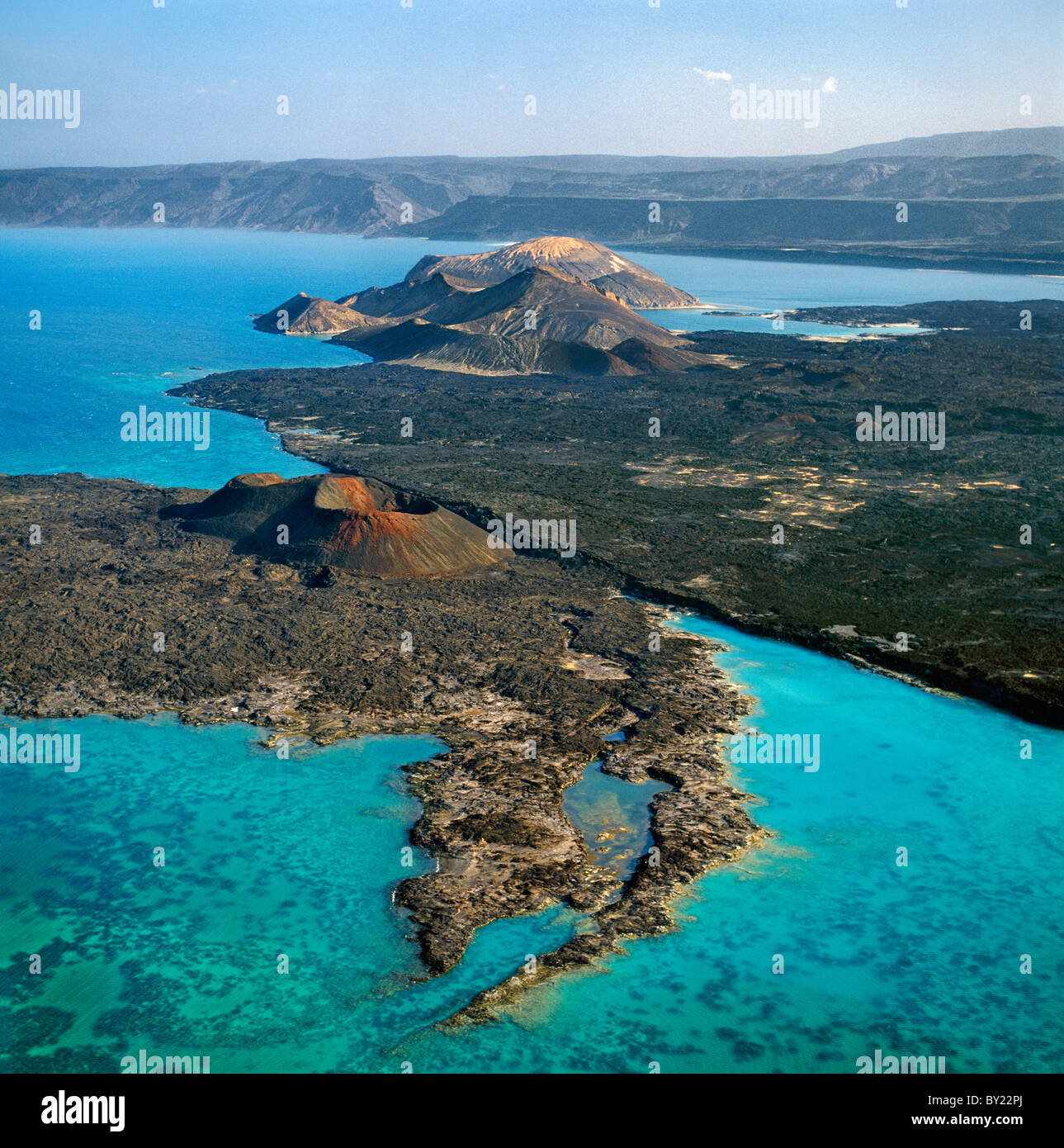 An aerial view of the volcanic cones at the inlet of Ghoubbet el Kharâb ...