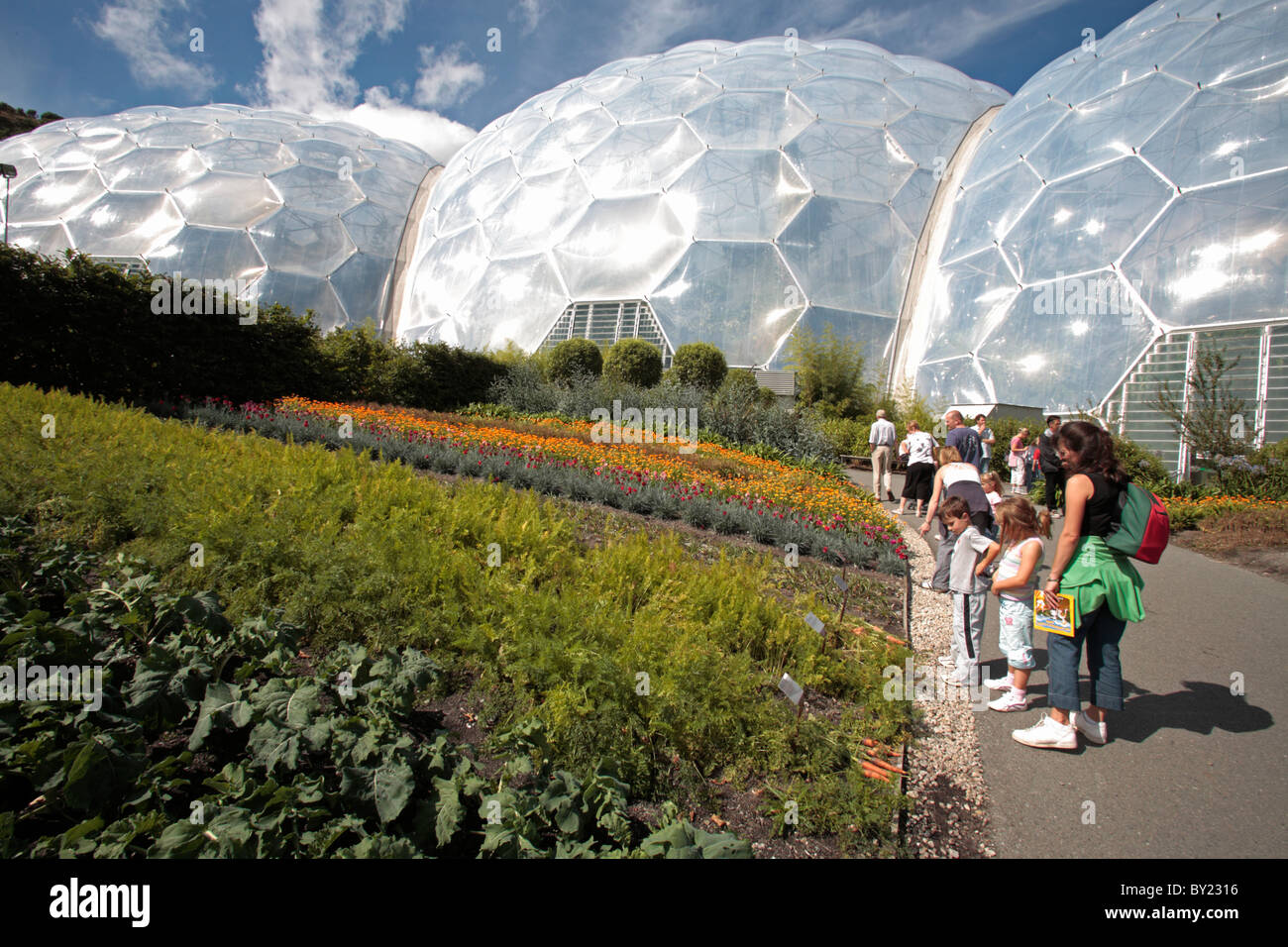 England, Cornwall, Eden Project. Family looking at plant displays ...
